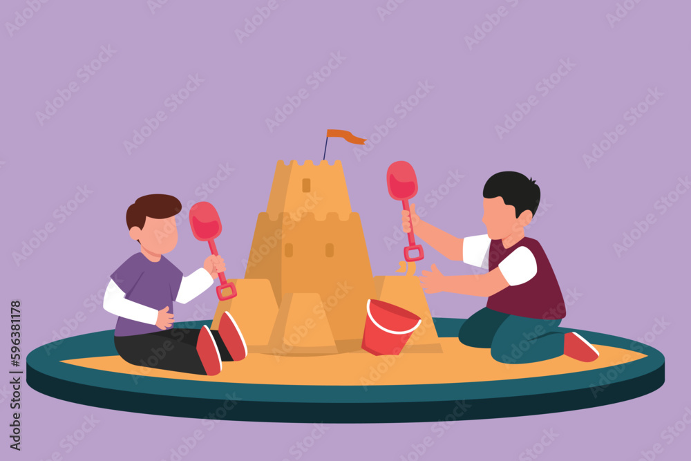 Cartoon flat style drawing two cute little boys build sandcastle ...