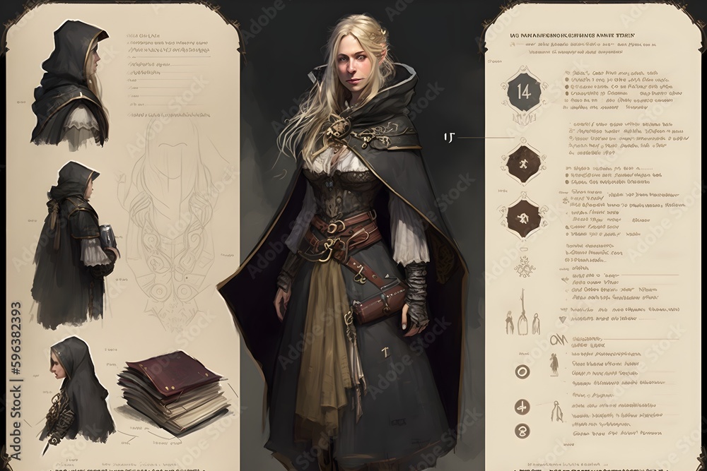 a character concept page for a female blonde norse merchant she is ...
