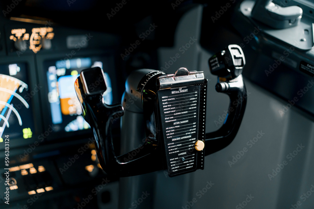 Aircraft control panel in cockpit with instrument panel command and aircraft control lever Close ...