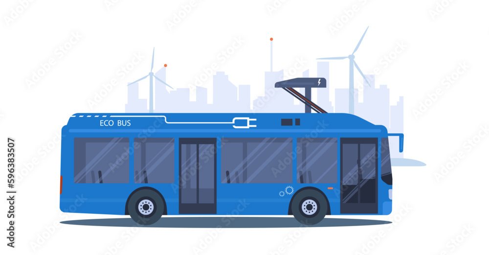 Electric city bus charging from a charging station against the backdrop ...