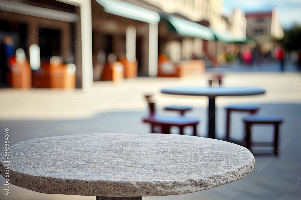 Stone table top with blurred shopping plaza background. Empty tabletop ...