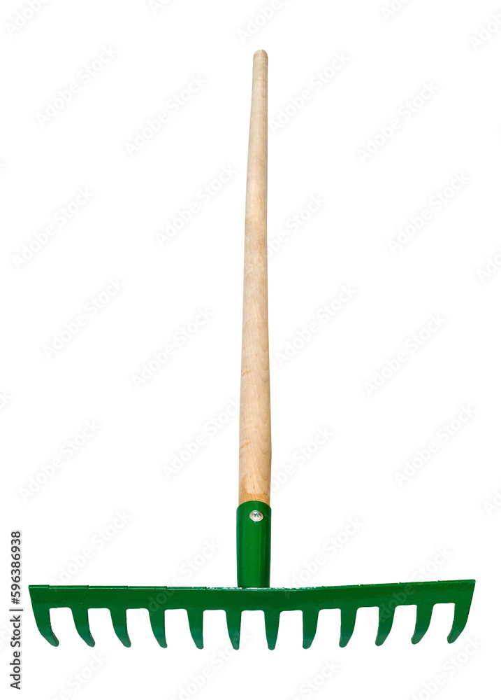 front view of steel rake with tines down with wooden handle isolated on ...