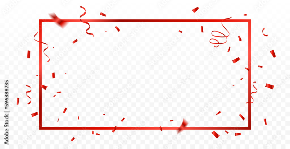 Red Frame And Confetti With Ribbons Falling On Transparent Background ...