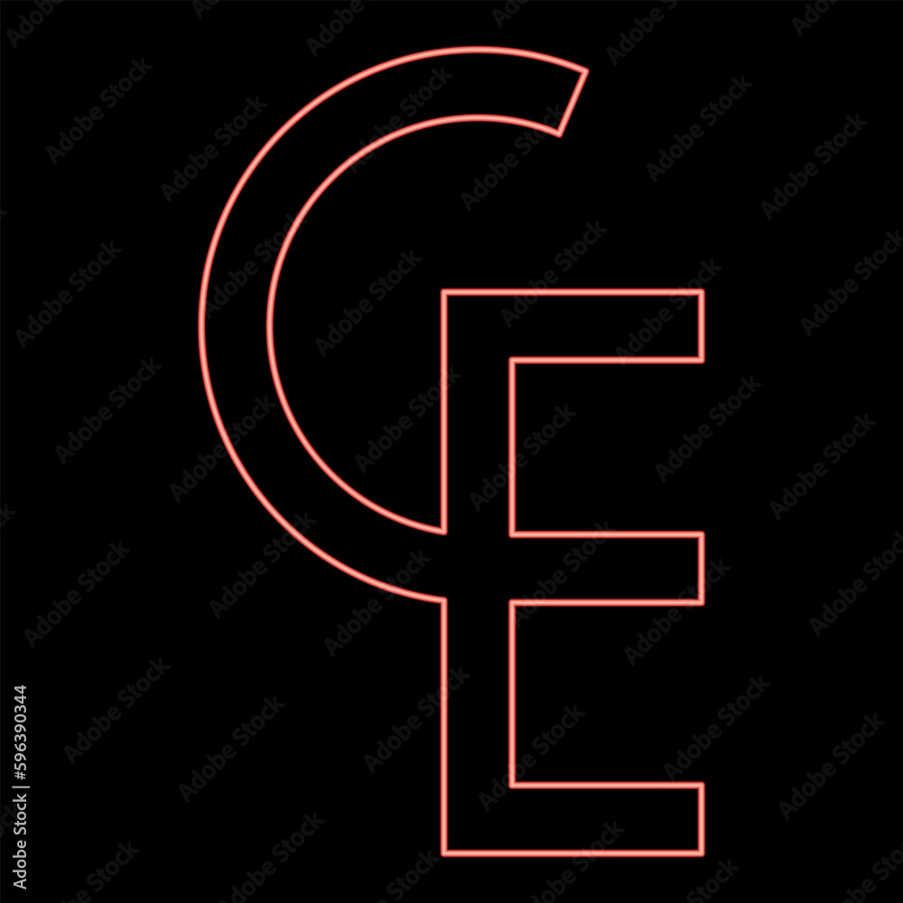 Neon euro-currency sign ECU European Symbol ecu CE ce red color vector ...