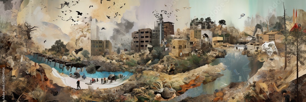 Chaotic, abstract collage featuring intermingling images of ...