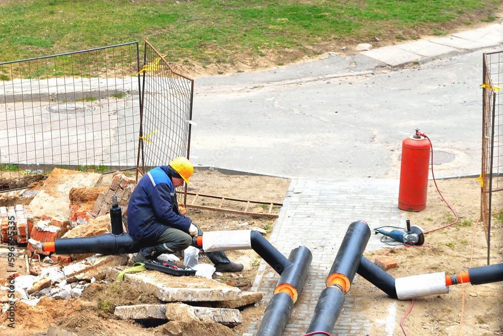 workers restore the destroyed pipeline, water supply accident, repair ...