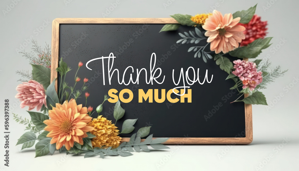 Blackboard with Thank you message and flowers around, white background ...