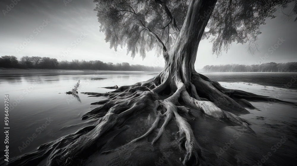 a black and white photo of a tree with its roots exposed. generative ai ...
