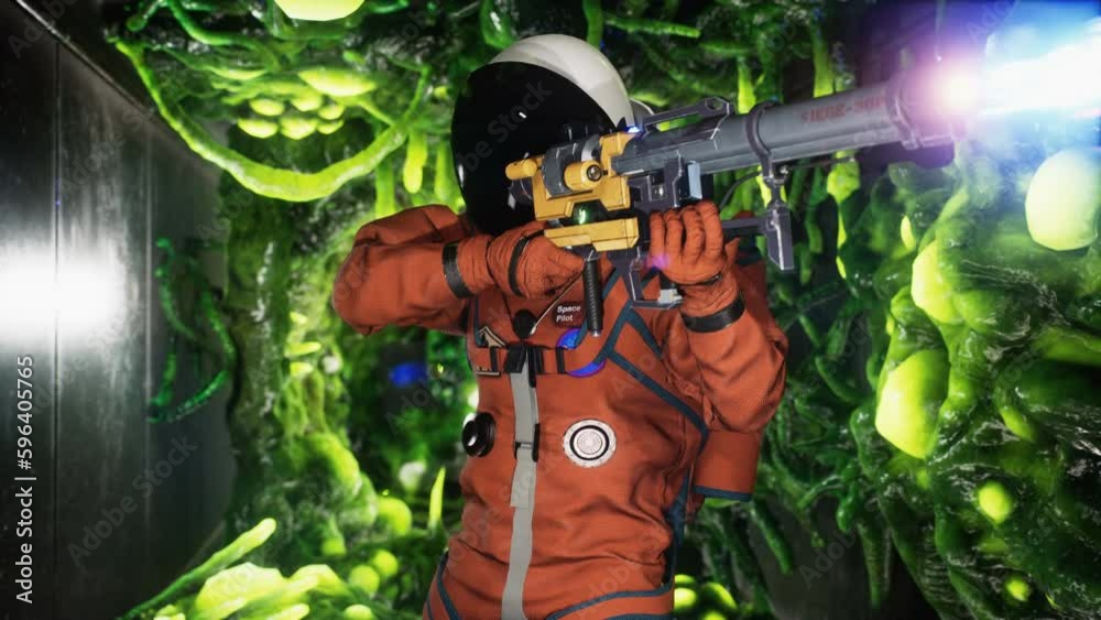 An astronaut clears the airlock of his spaceship of alien creatures ...