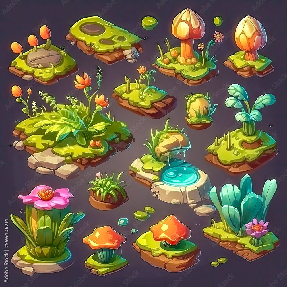 Set of fantasy colorful plants and flowers, isolated. 2d casual game ...