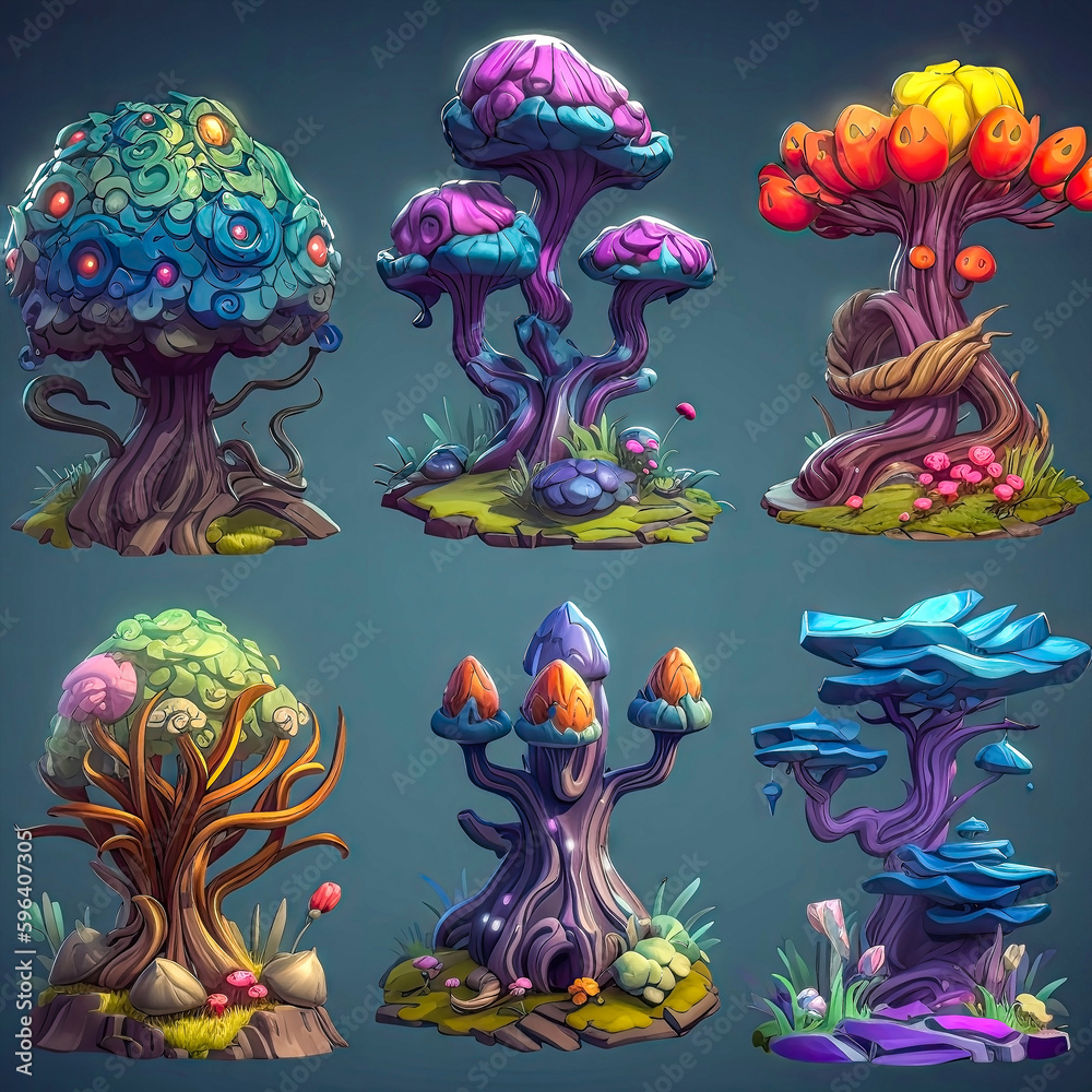 Set of fantasy colorful trees, isometric isolated. 2d casual game asset ...