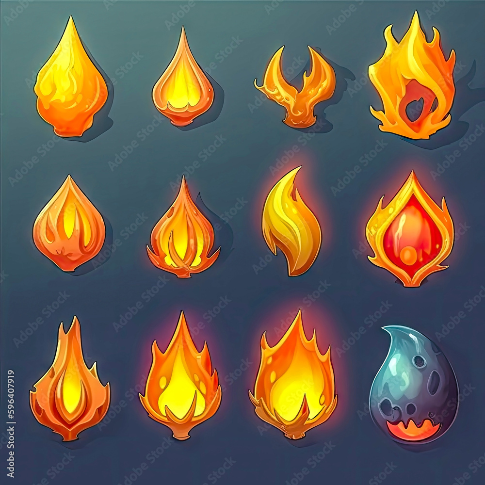 Set of fantasy colorful flame icons, isolated. 2d casual game asset ...