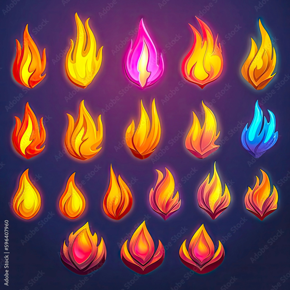 Set of fantasy colorful flame icons, isolated. 2d casual game asset ...