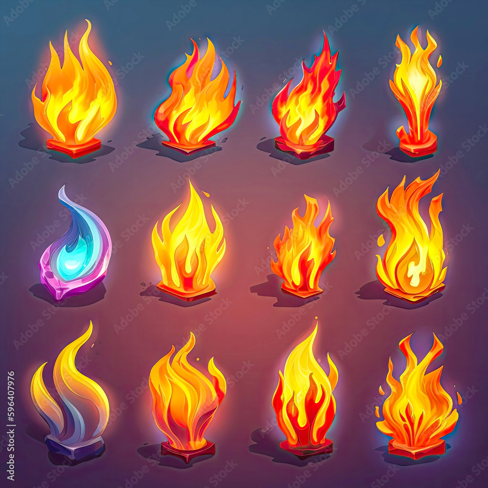 Set of fantasy colorful flame icons, isolated. 2d casual game asset ...