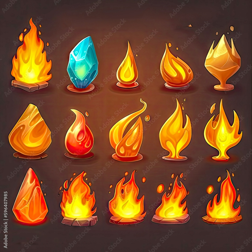 Set of fantasy colorful flame icons, isolated. 2d casual game asset ...