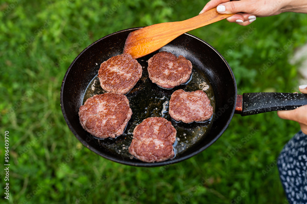Fried patties in a pan. Rural menu. Traditional village food. Top view ...