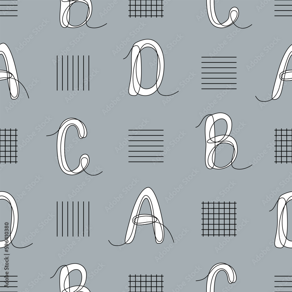 Seamless pattern with black and white alphabet background elements, in ...