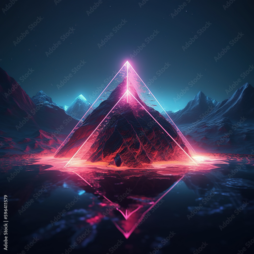 Abstract neon pyramid background with glowing laser line triangular. 3D ...