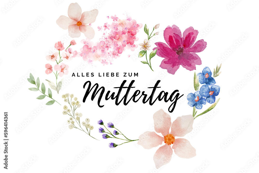 Alles Liebe zum Muttertag Schriftzug mit Blumenkranz mit rosa, pinken ...