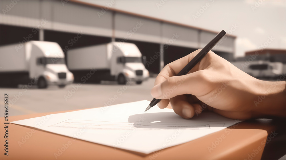 filling out paperwork, transport company in the background, generativ ...