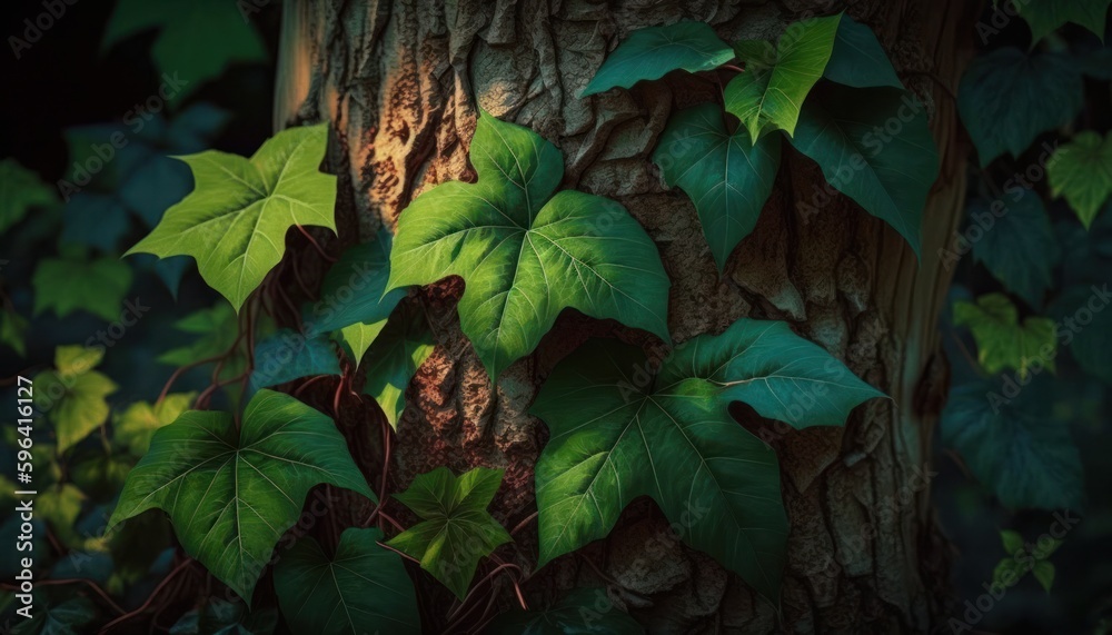 Plant that gives poison ivy rash in nature around tree trunk generative ...
