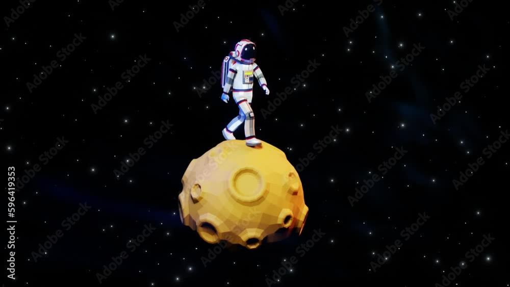 3D astronaut in spacesuit is walking on a rotating moon in open space ...