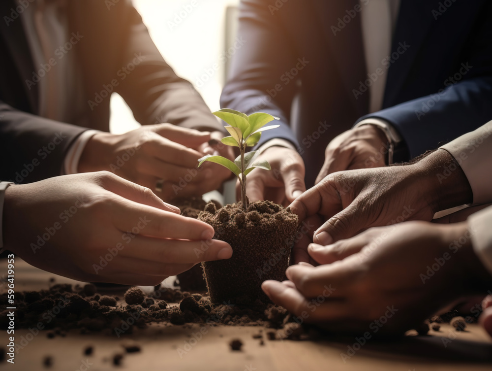 Businessmen and community together planting trees for sustainable ...