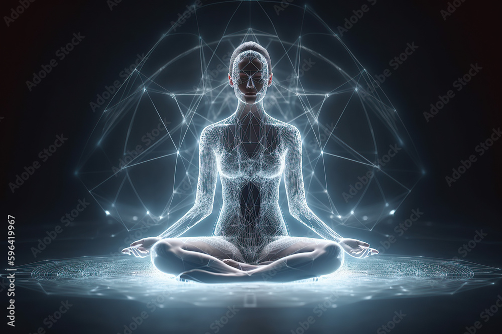 Abstract futuristic image of woman yogi sits in a lotus pose, body ...