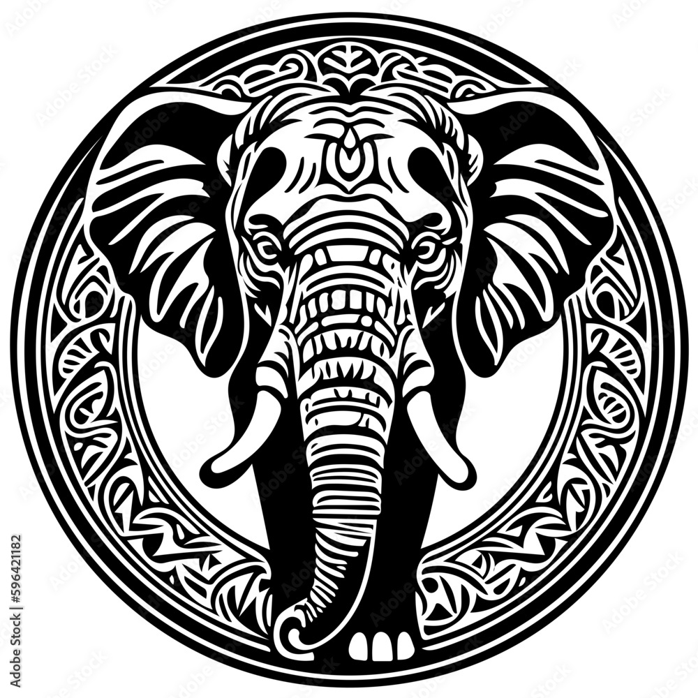 Elephant emblem logo in black and white, vector illustration of a big ...