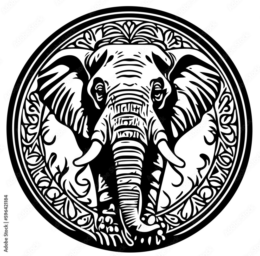 Elephant emblem logo in black and white, vector illustration of a big ...