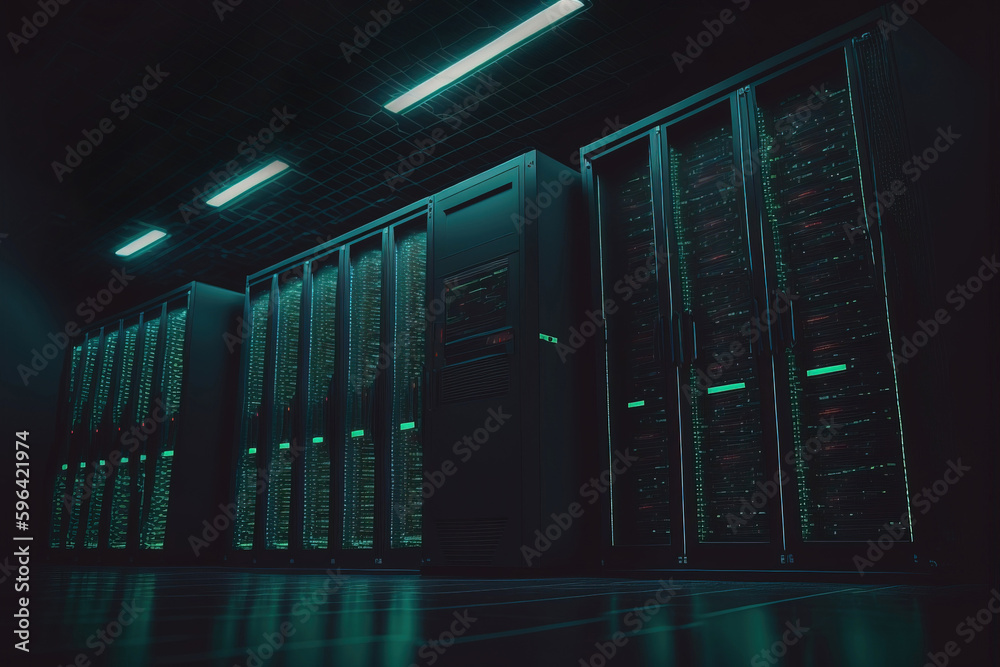 Big server room racks in datacenter. Supercomputer, artificial intelligence, and neural networks ...