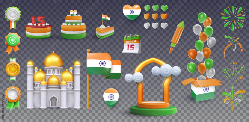 Set festive art object for Indian independence day. Flag, badge ...