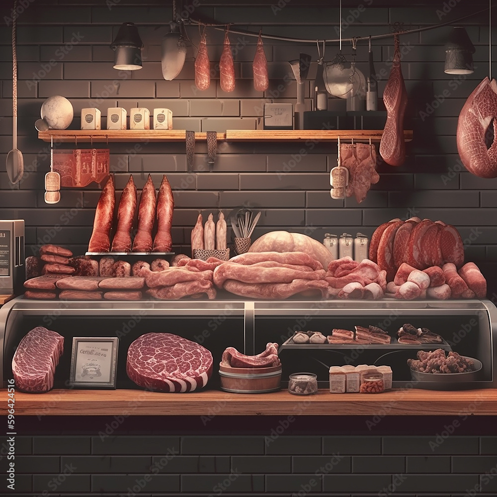 Butcher shop interior, many different types of meat, sausages, ham on ...