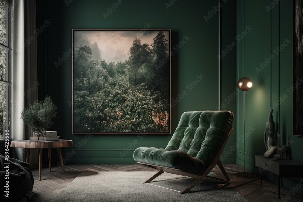 Large frame display in contemporary green room with lounge chair, CGI ...