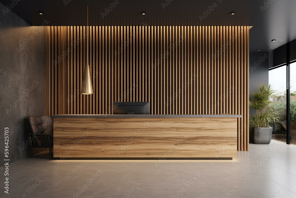 3D view of wooden slatted wall with space for an ad in a reception area ...