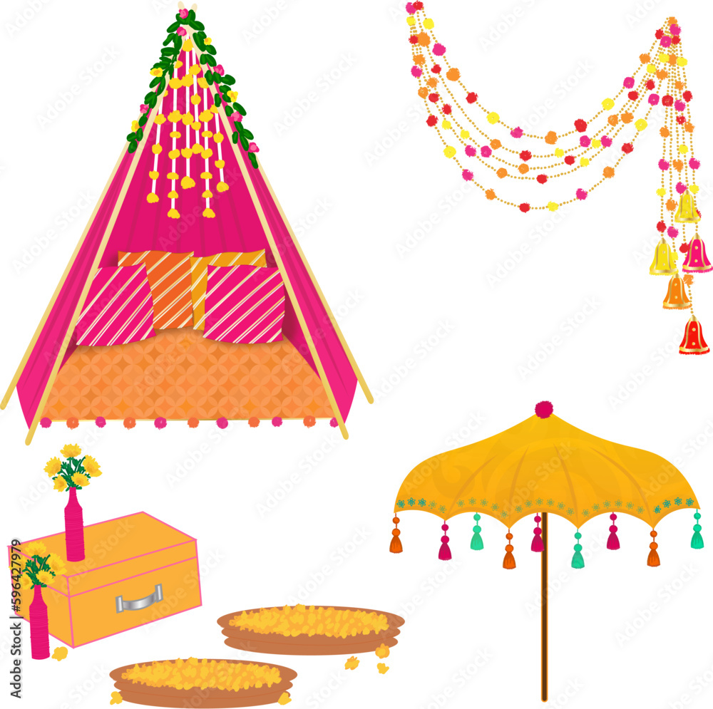 mehndi decorations illustration haldi ceremony decorations setup indian ...