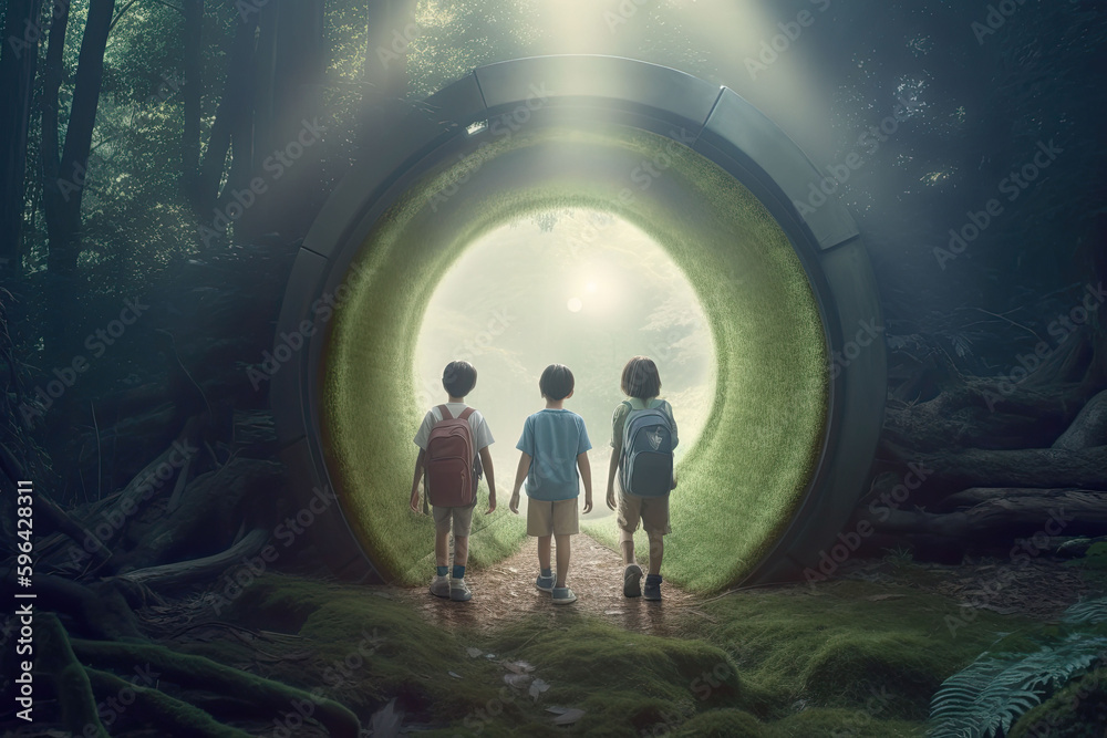 Children in the forest in front of round portal to fantasy dimensions ...