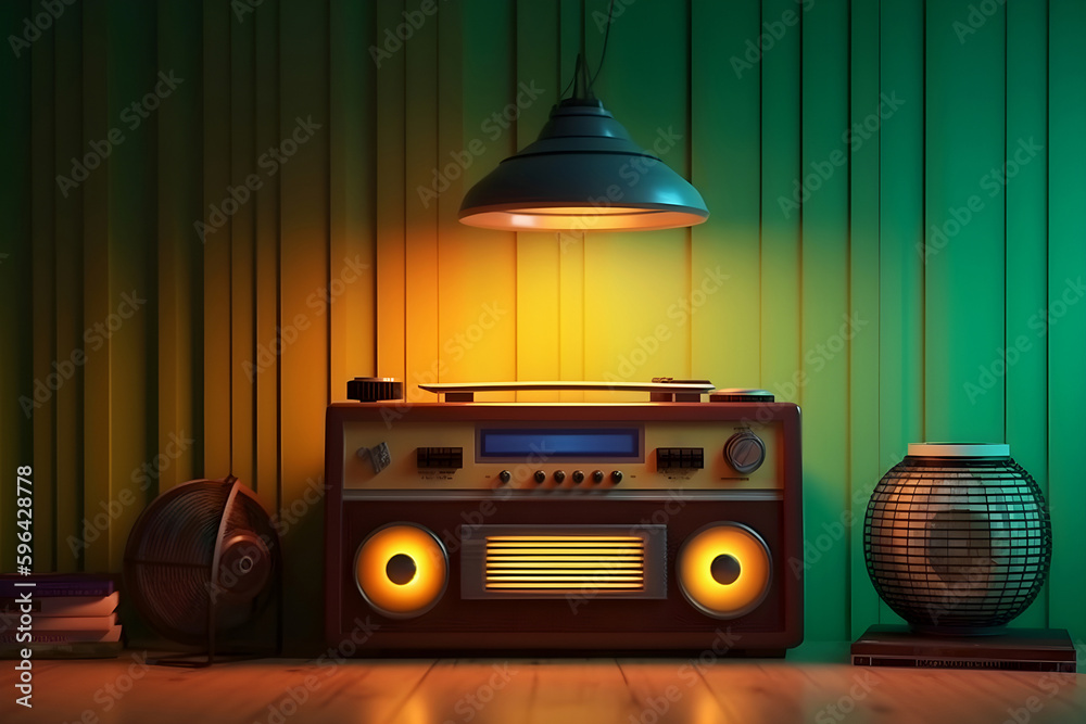 Retro music background with tape recorder, players. Music of 80s and ...
