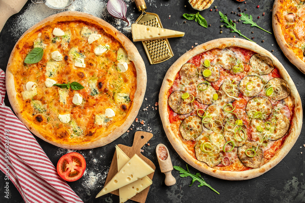 Set Pizza background. various kinds of Italian pizza, Fast food lunch ...