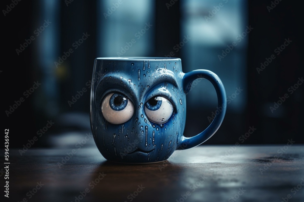 A blue mug with a sad face and eyes drawn on the inside, sitting on a ...