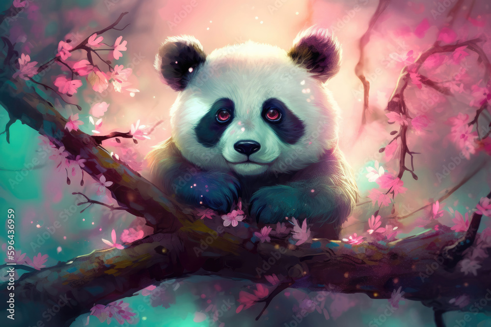 Cute baby panda sitting on a tree branch, surrounded by pink cherry ...