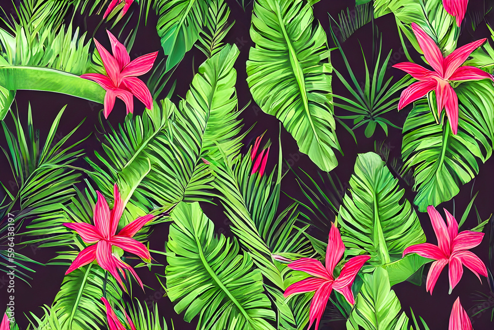 Abstract background of tropical leaves and colorful flowers in a modern ...