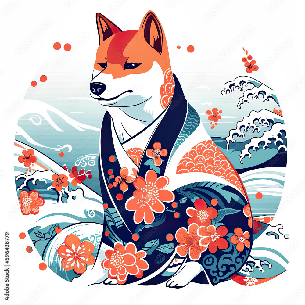 Cute shiba inu dog in kimono with flowers and waves, AI generative ...