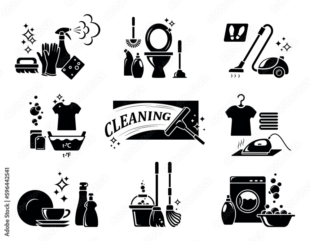 Cleaning icons set. Symbols and signs for infographic or website ...