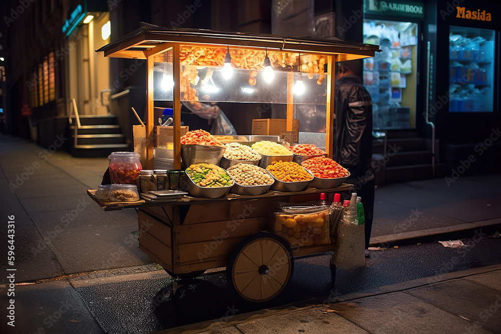 A food cart on the side of a street at night. AI generative. Stock ...