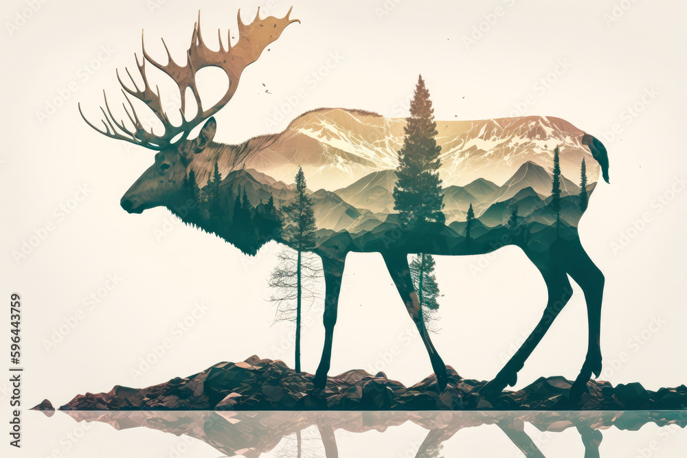 Striking illustration of a wild elk in the middle of nature. Symbol of ...
