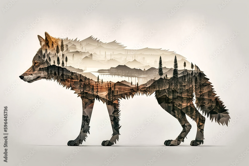 Wild wolf image in a double exposure forestpunk style with earth tones ...