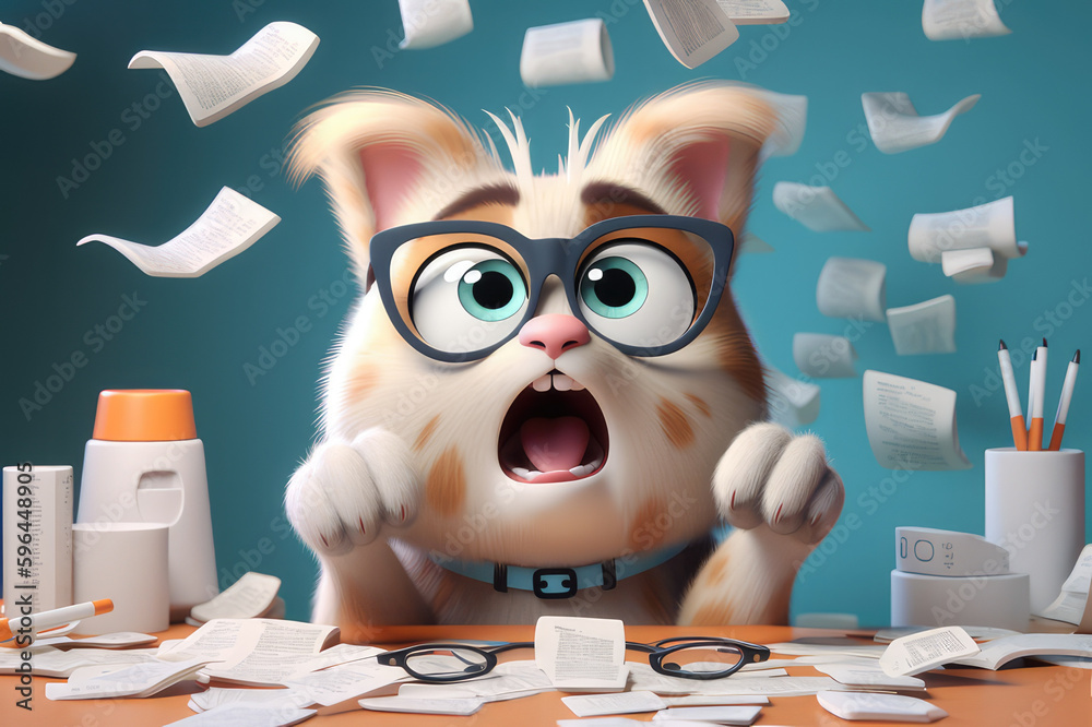 professional cat with open mouth wearing glasses and collar sitting at ...