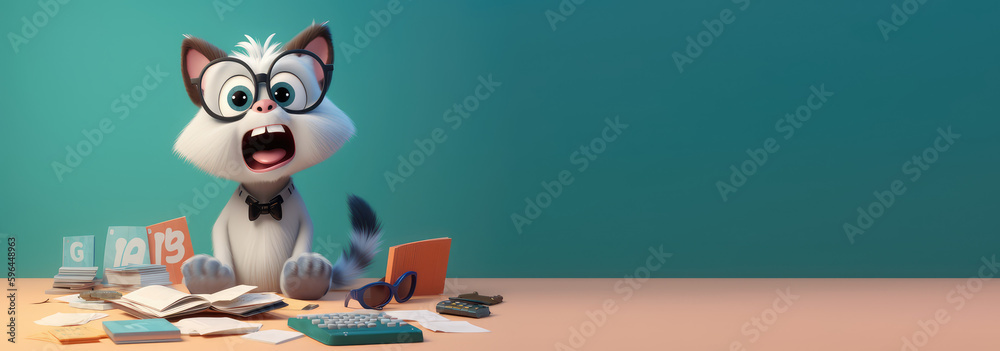 professional cat with open mouth wearing glasses working at the table ...