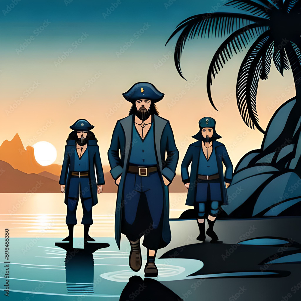 Wizard with a magic wand standing on the ship against the sunset ...